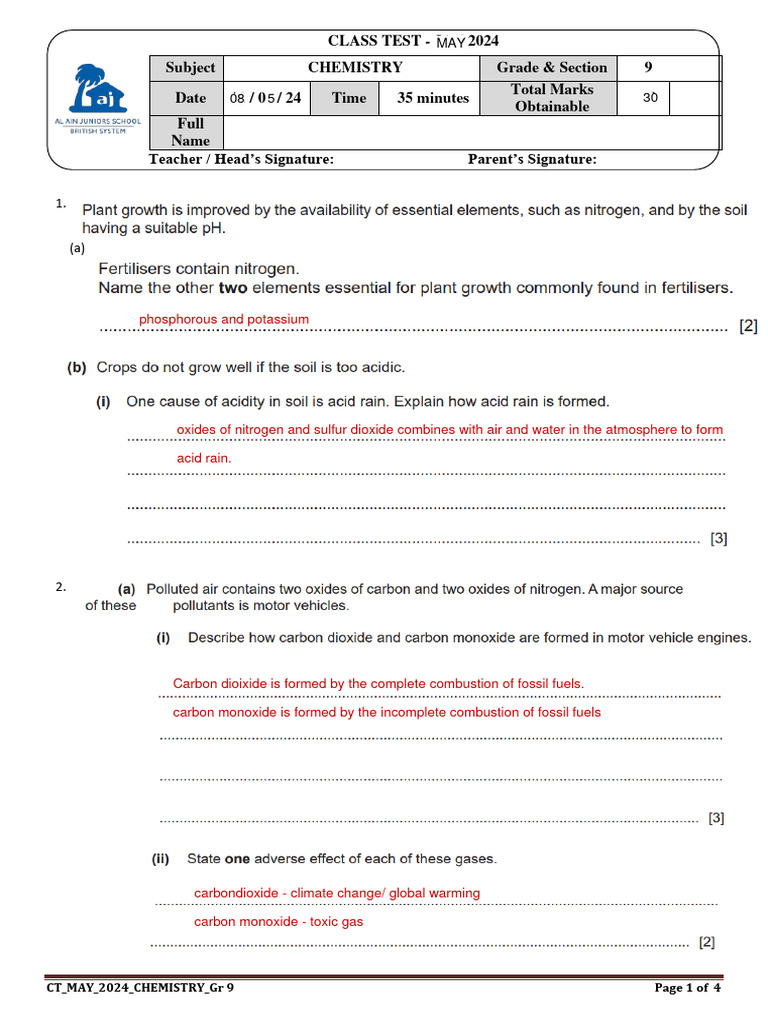 Grade 9 Chemistry Class Test 2024 | PDF | Oxide | Carbon Monoxide