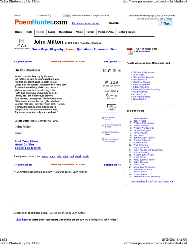 On His Blindness by John Milton-000000000000035 | PDF | John Milton ...