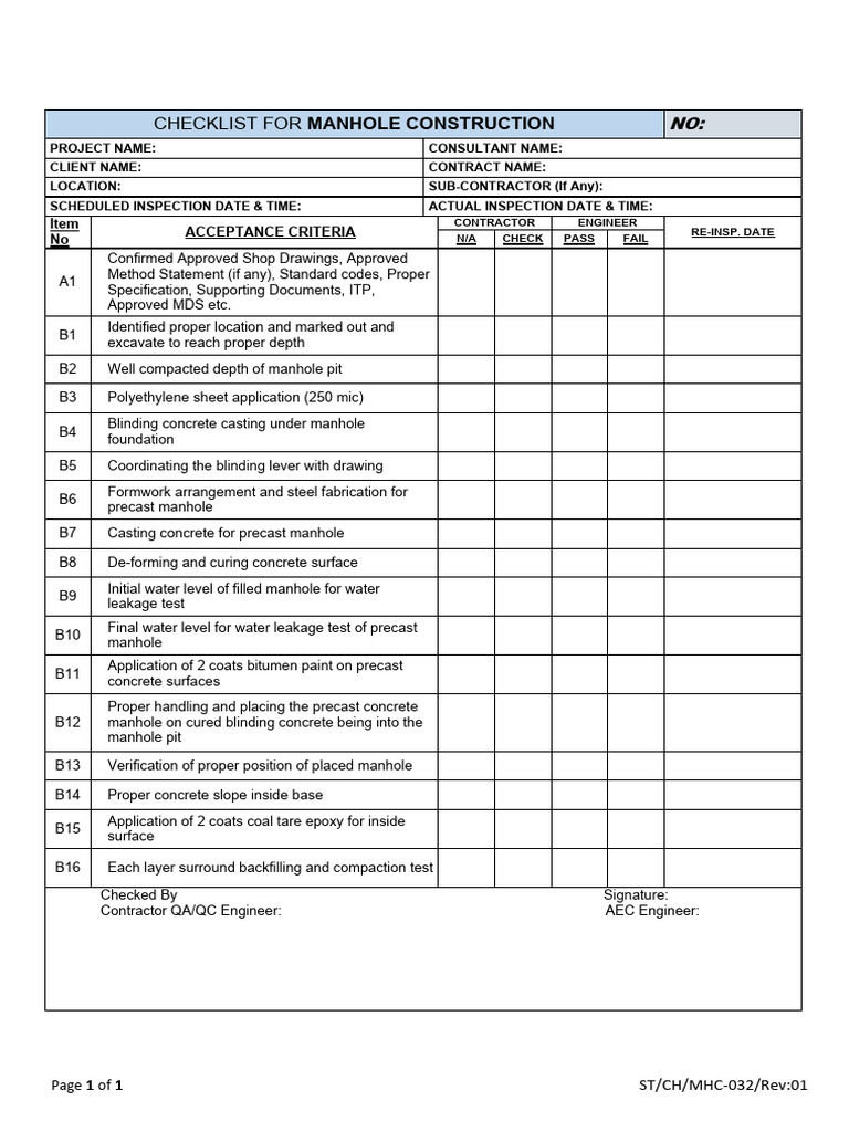 Checklist For Manhole Construction 01 | PDF