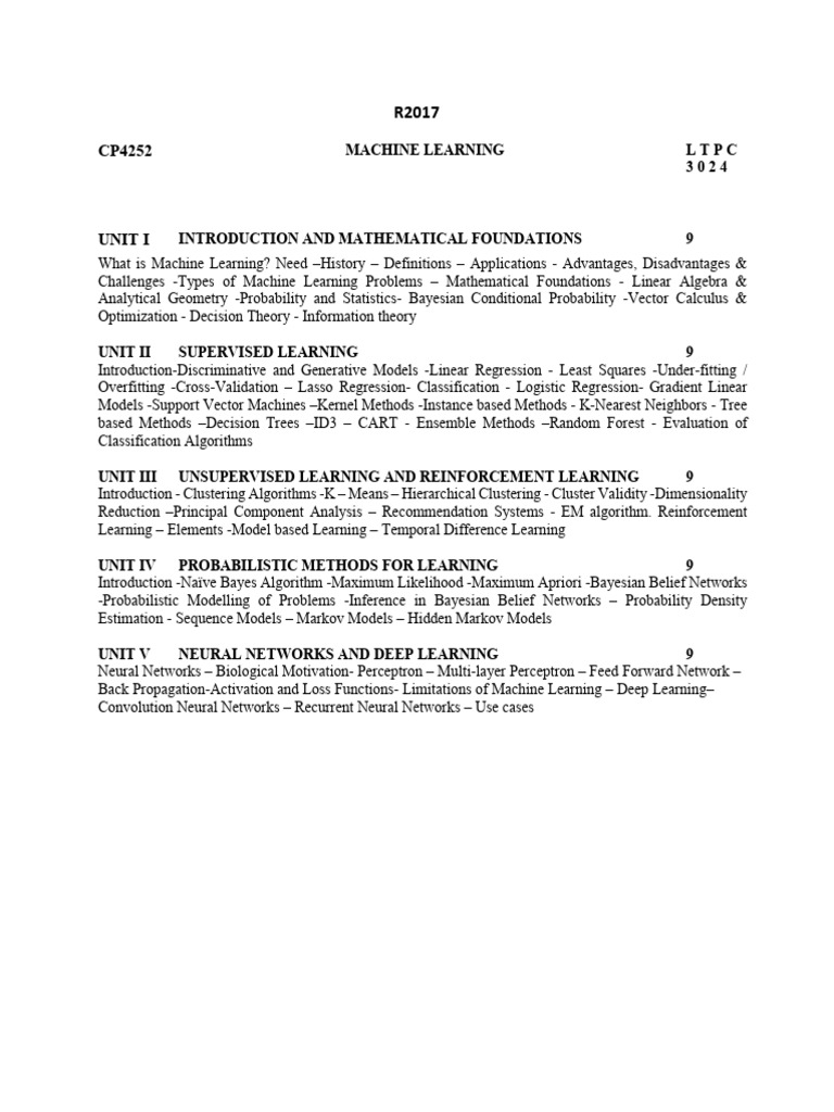 Cp4252 Ml All Units Notes | PDF | Machine Learning | Mean