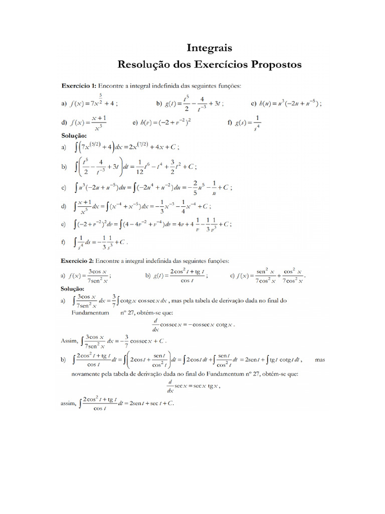 Integral - Exercícios Resolvidos | PDF