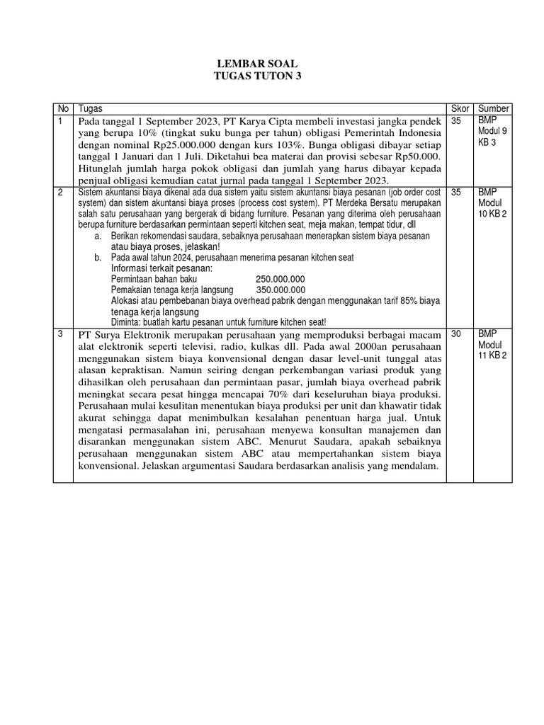 Tugas 3 Pengantar Akuntansi | PDF | Pengelolaan Keuangan & Uang | Komputer