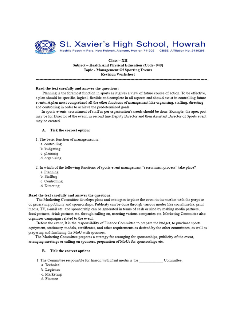 Class XII Revision Worksheet | PDF | Tournament | Sports