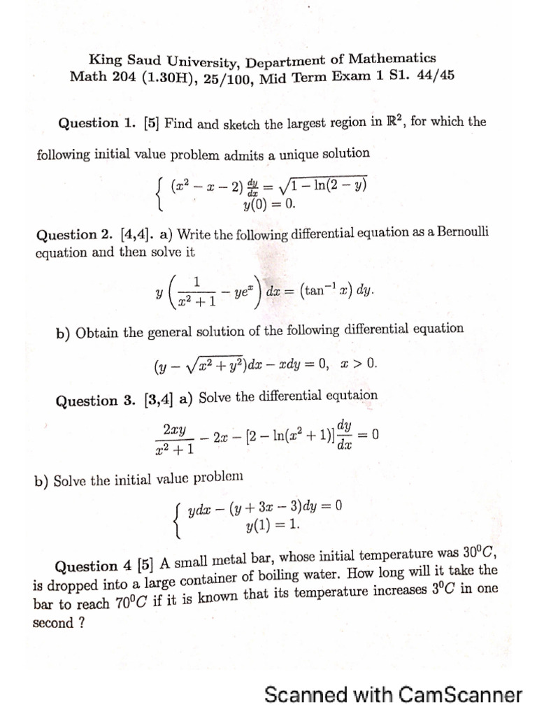 Answer Sheet 1 Midterm Exam Math204 - 0 | PDF