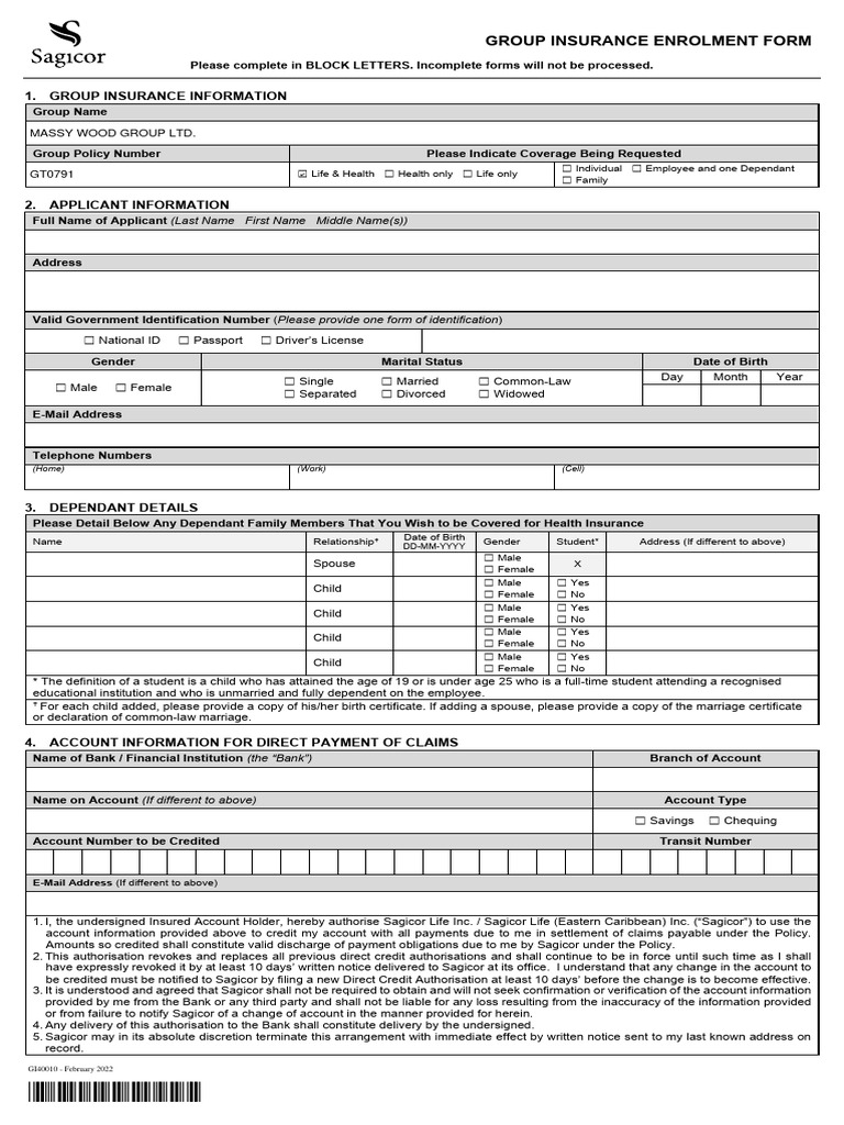 Sagicor Group Insurance Enrolment Form - Fillable | PDF | Insurance | Identity Document
