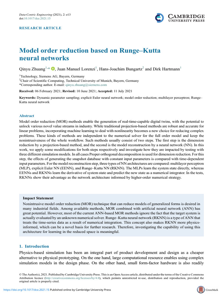 Model Order Reduction Based On Runge Kutta Neural Networks Pdf Artificial Neural Network