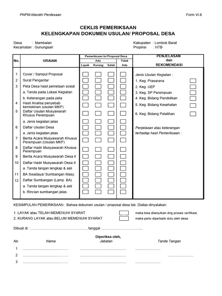 Form VI.6 Ceklis Pemeriksaan Dokumen (Posyandu) | PDF