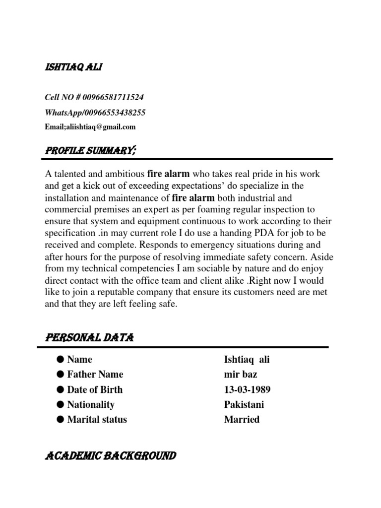 Fire alarm techncian cv | PDF