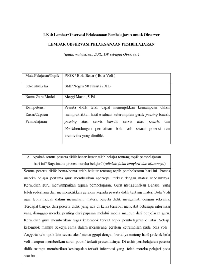 01.05.6-B3-4 Unggah LK 4 - Lembar Observasi Pembelajaran Pada Pembelajaran Ke-1 Fariz Fajar | PDF