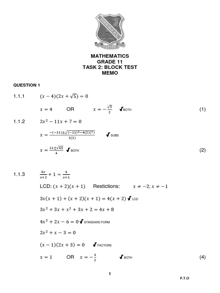 MATHEMATICS Grade 11 TASK 2 2022 MEMO | PDF | Elementary Mathematics ...