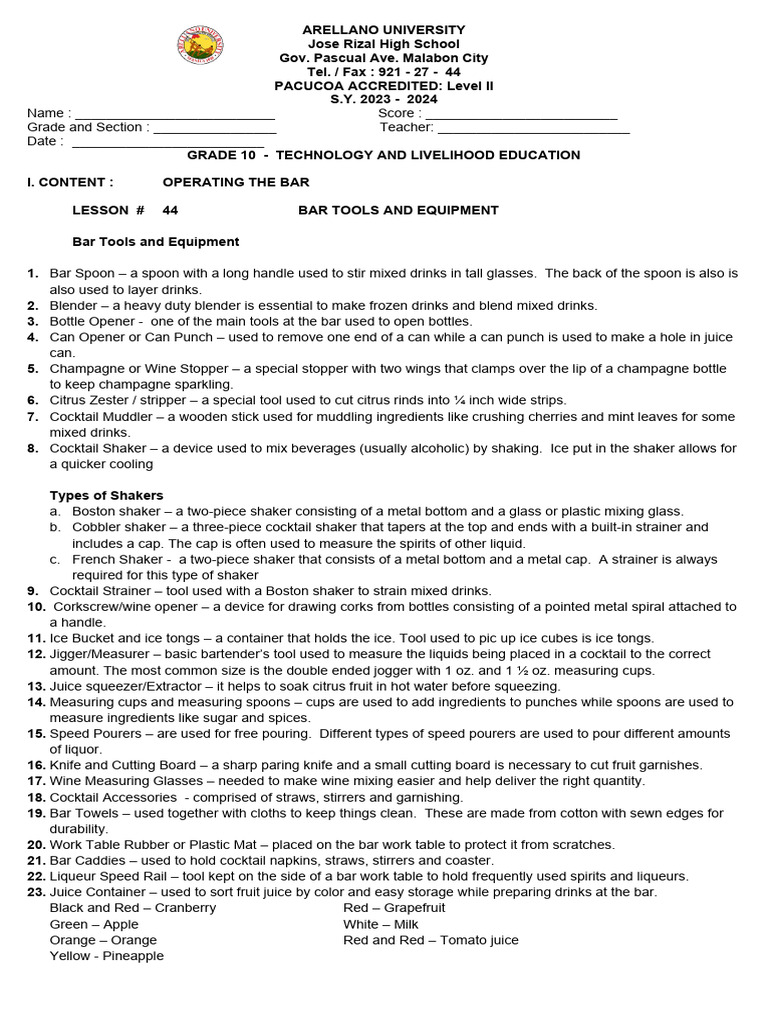 Grade 10 Lesson 44 - Bar Tools and Equipment - Au JRHS MRS Pag-Asa ...