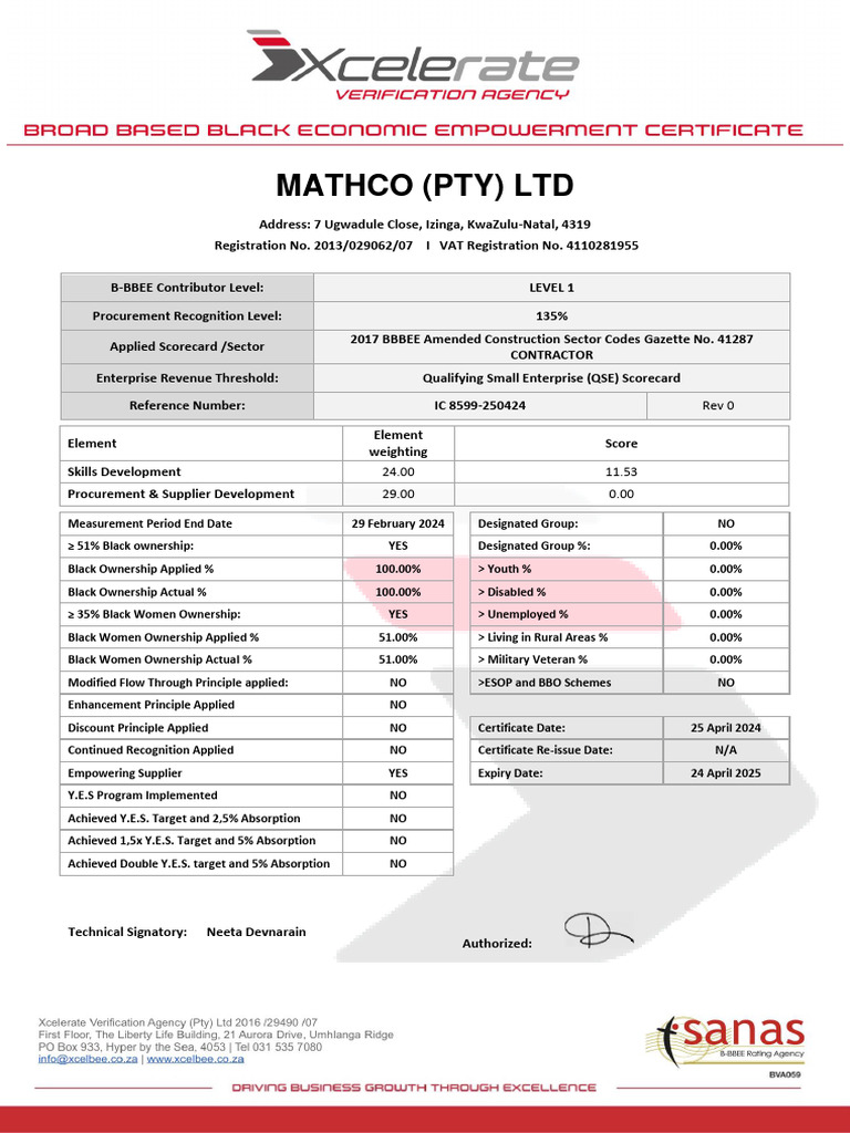 Mathco Pty Ltd B-BBEE Certificate 2024 | PDF | Government | Economies