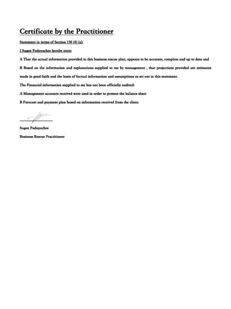 Business Rescue Plan Certification Statement | PDF | Business