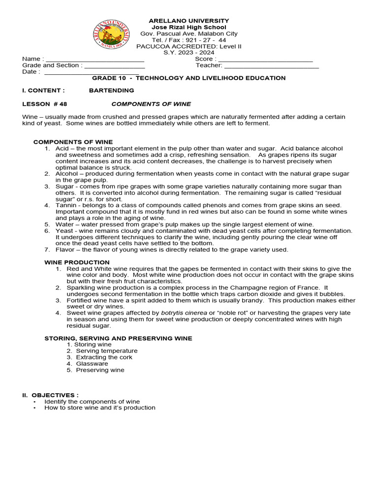 Grade 10 Lesson 48 - Bartending - Alcoholic Beverages Cont - Au Jrhs ...