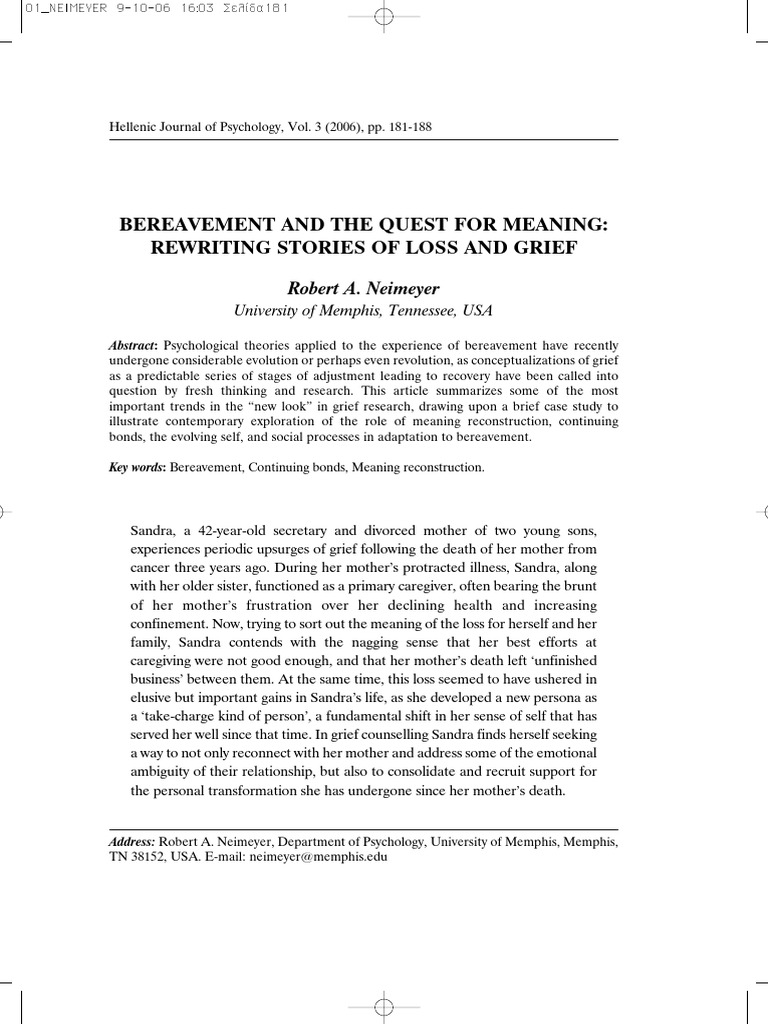 Bereavement and The Quest For Meaning Re | PDF | Grief | Psychotherapy