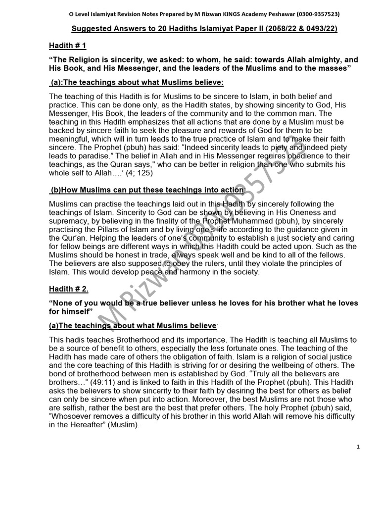 O Level Islamiyat Notes: Hadith Insights | PDF | Hadith | Prophets And ...