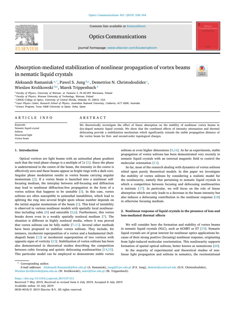 Vortex Beam Stability in Liquid Crystals | PDF | Nonlinear Optics ...