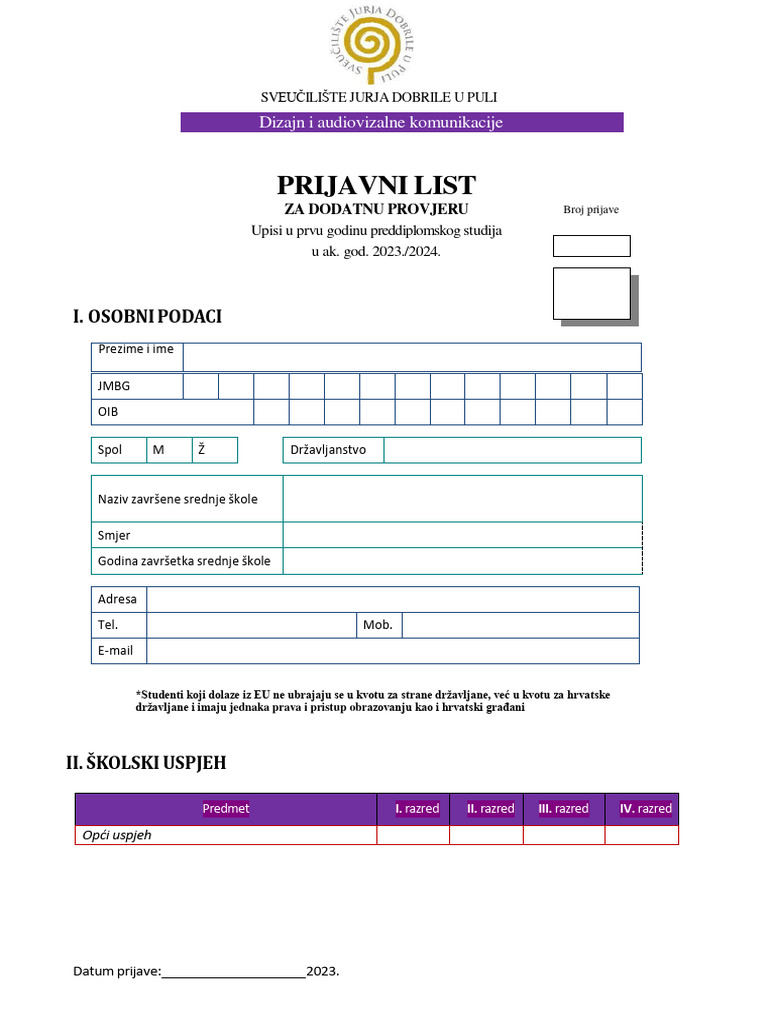 Prijavni List 2023 - 2024 - Dizajn I Audiovizualne Komunikacije | PDF