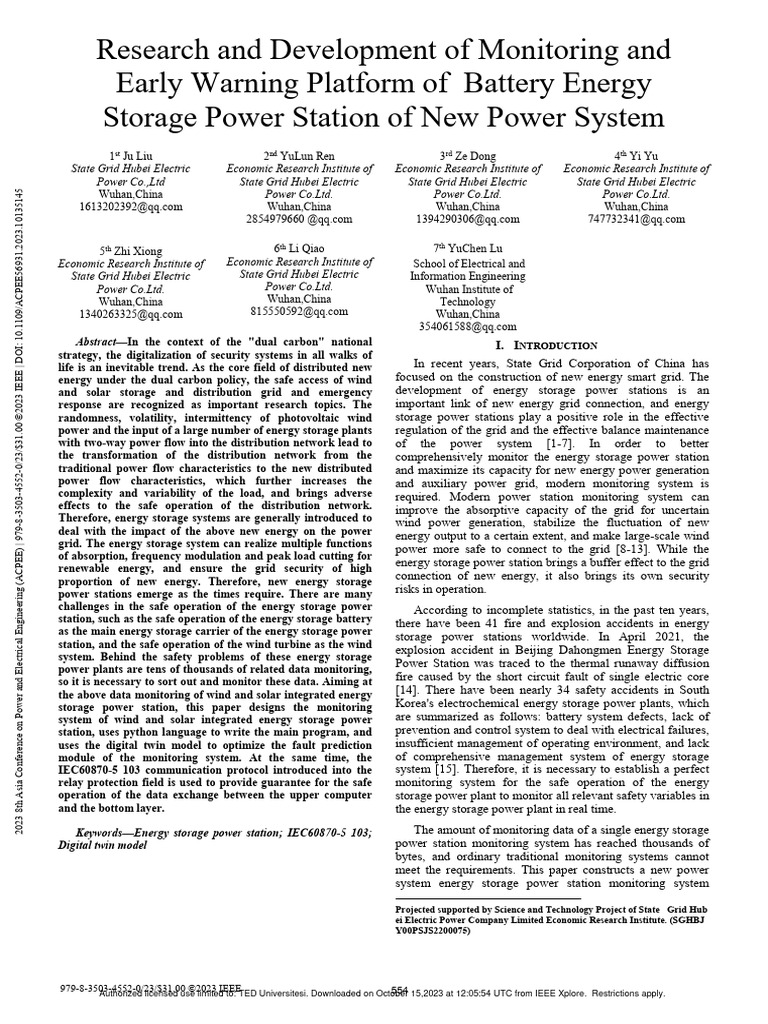 Research and Development of Monitoring and Early Warning Platform of Battery Energy Storage ...