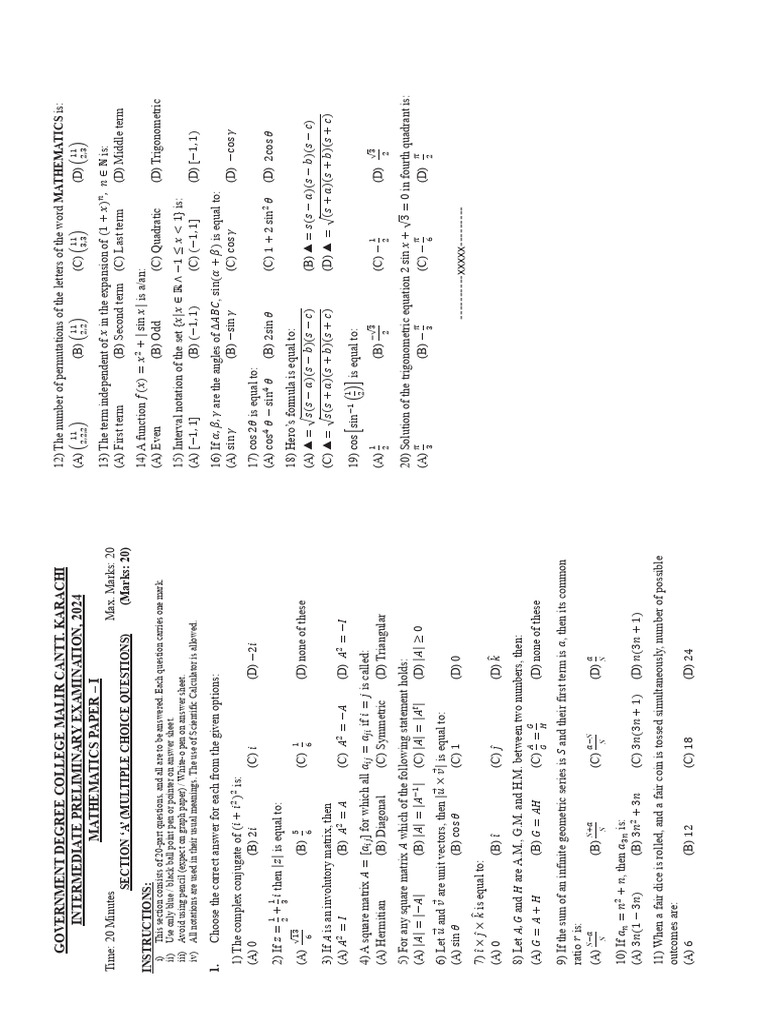 XI Maths Preliminary Exam - AHSAN | PDF | Mathematical Concepts | Mathematical Analysis