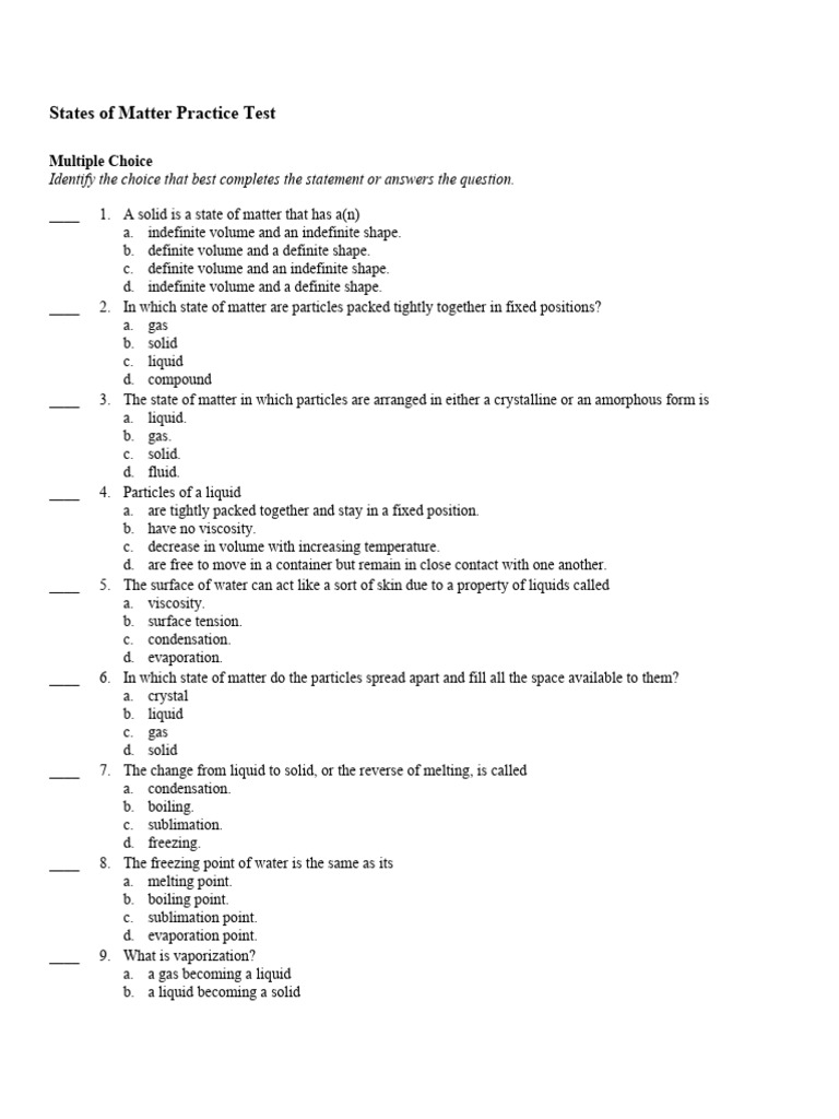 States of Matter Practice Test | PDF | Liquids | Gases