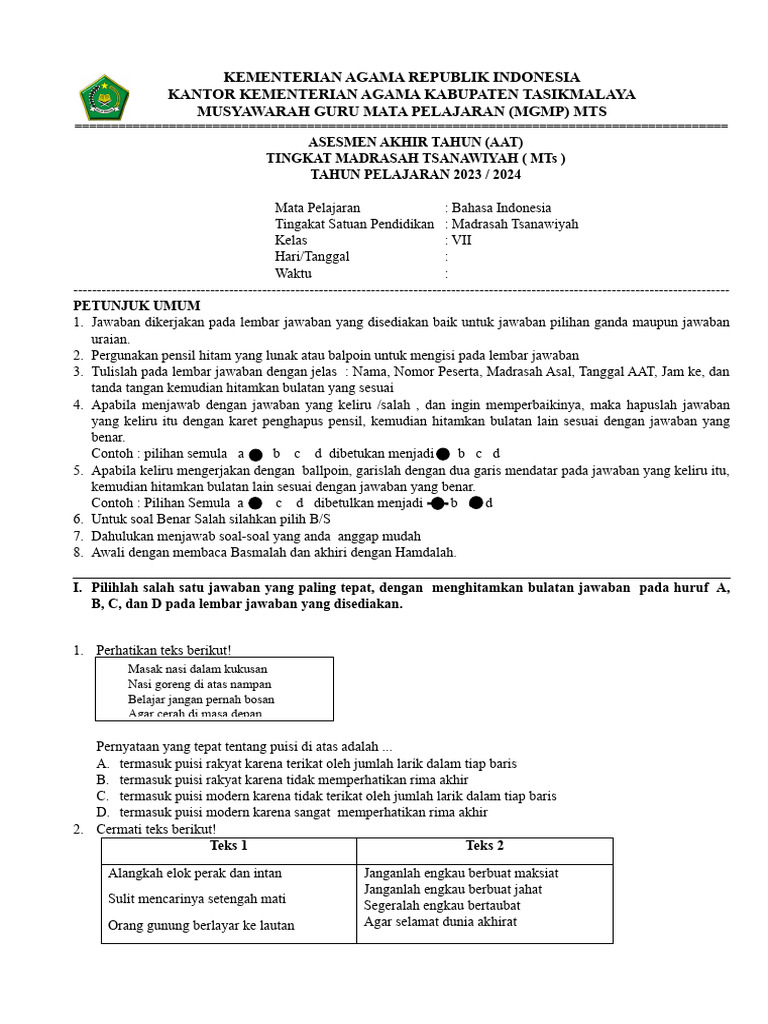 1 SOAL ASAT B.INDO 7 MTs 2024 | PDF