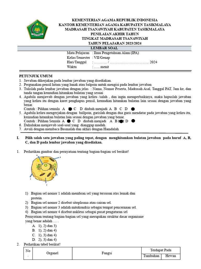 4 Soal ASAT IPA 7 MTs 2024 | PDF | Sains & Matematika