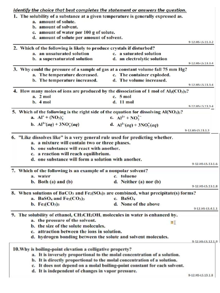 Chemistry final exam revision worksheet | PDF | Solubility | Solvation