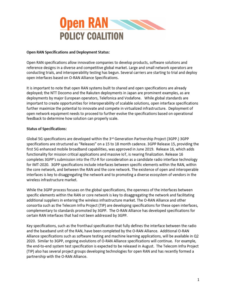 Open RAN Specifications and Deployment Status | PDF | 4 G | Interoperability