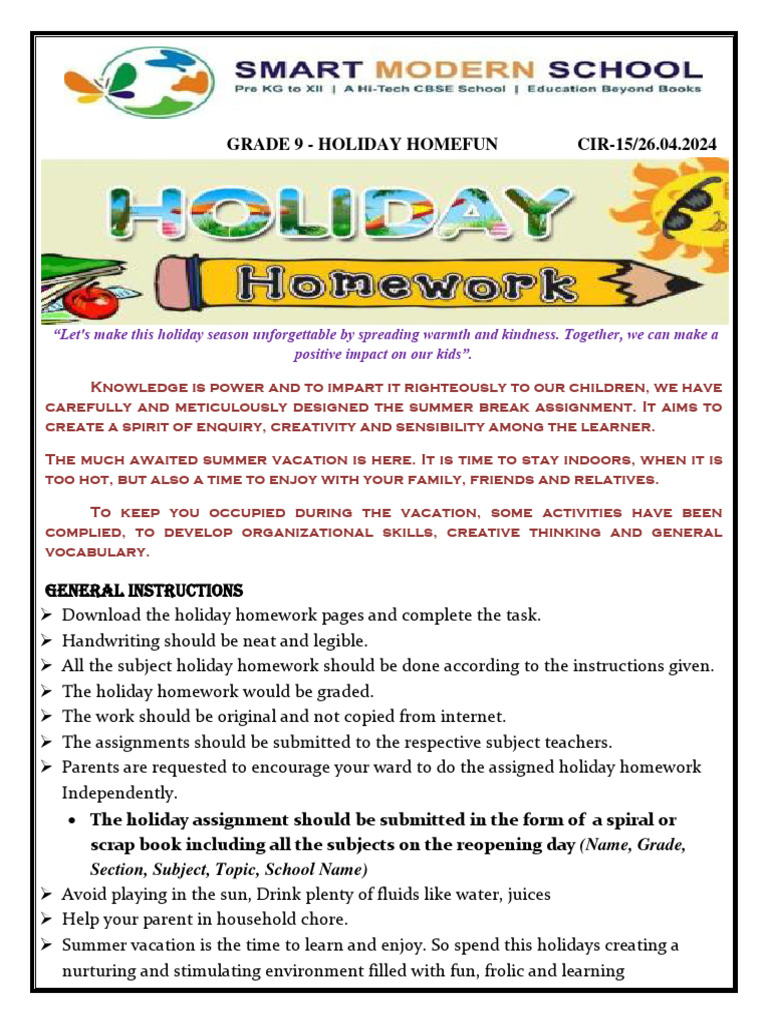 Grade 9 Holiday Homework Guidelines | PDF | Career & Growth | Language ...