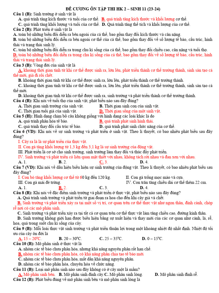 ĐÁP ÁN Đề cương HK 2 sinh 11 2023 2024 | PDF