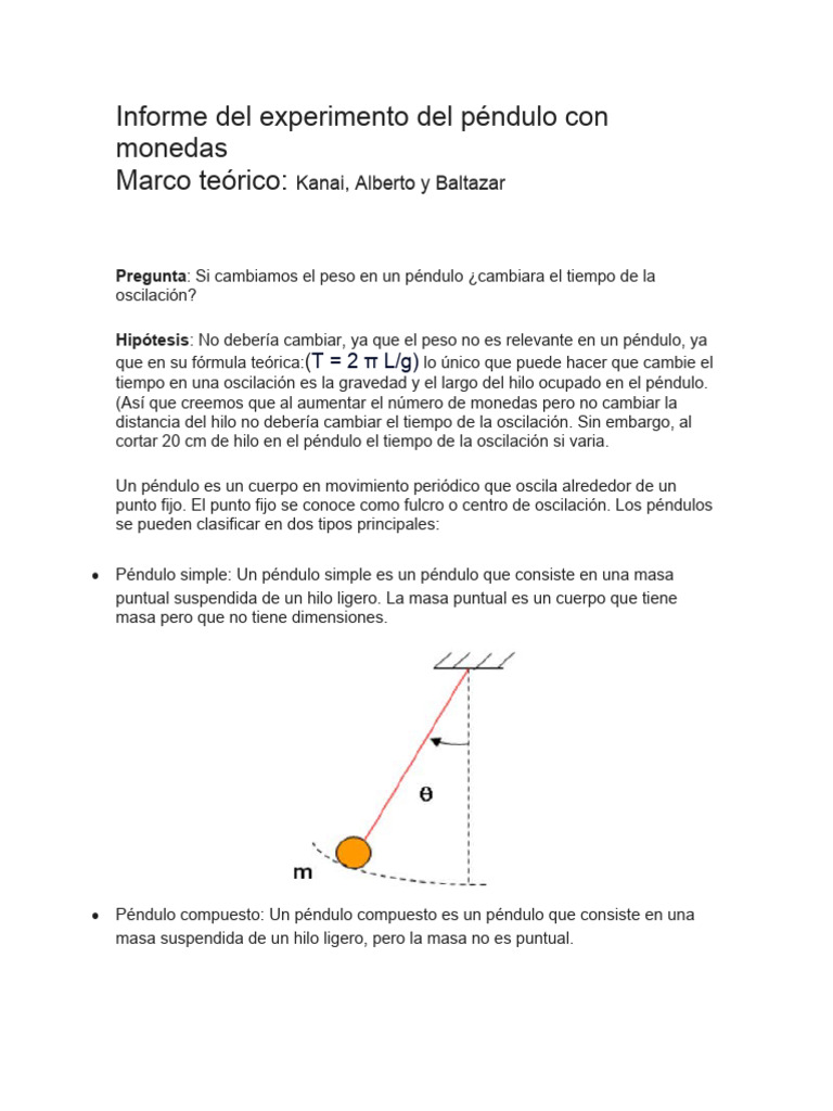 Informe Del Experimento Del Péndulo Con Monedas | PDF | Péndulo | Masa