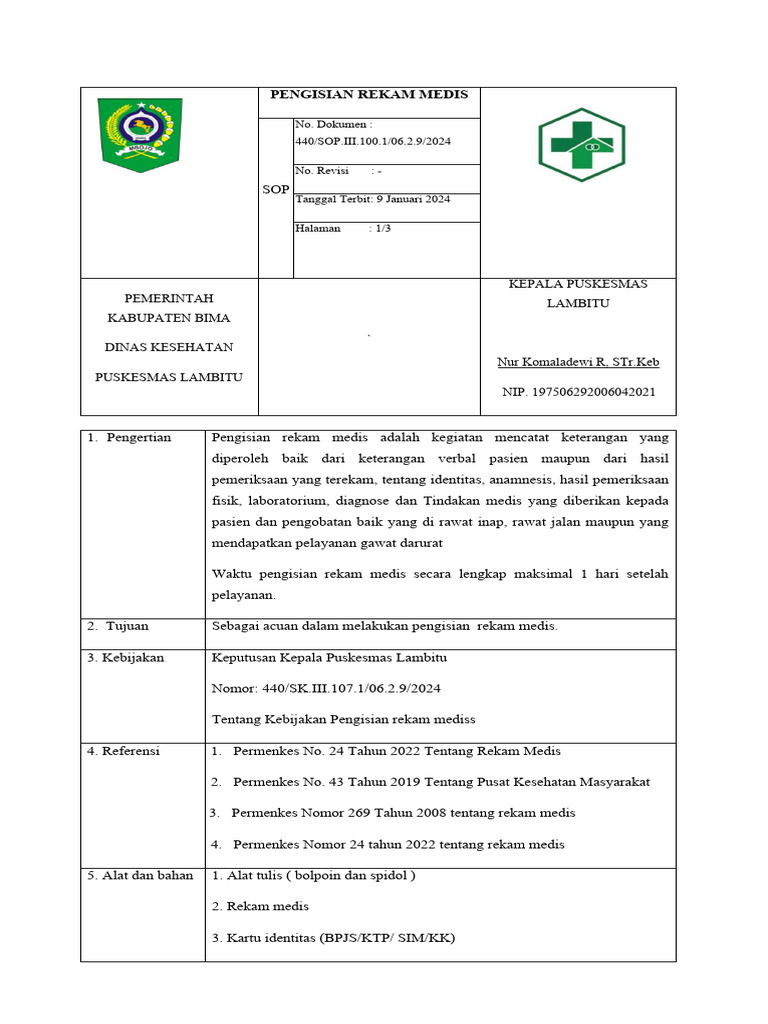 SOP Pengisian Rekam Medis Puskesmas | PDF