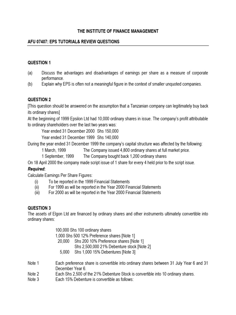 Eps Tutorial Questions | PDF | Dividend | Stocks