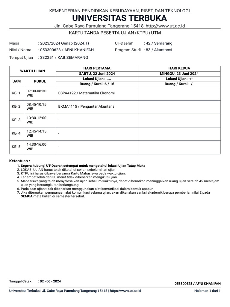 KTPU Ujian Universitas Terbuka 2024 | PDF