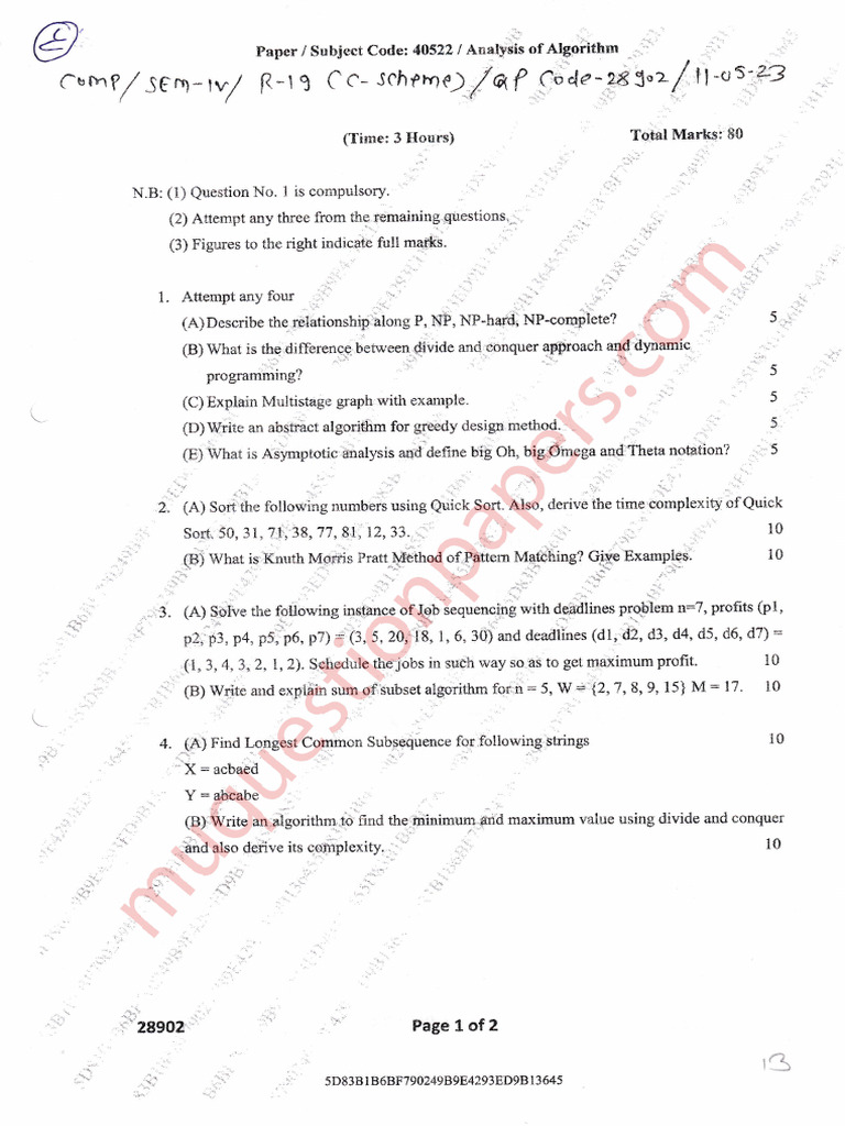 Be Computer Engineering Semester 4 2023 May Analysis of Algorithmrev 2019 c Scheme | PDF ...
