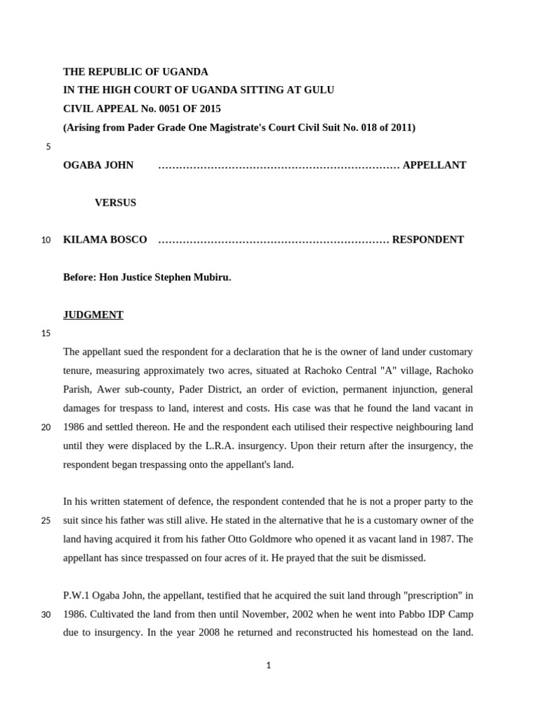 Ogaba Vs Kilama (Civil Appeal No 0051 of 2015) 2018 Ughccd 63 (25 October 2018) | PDF | Burden ...
