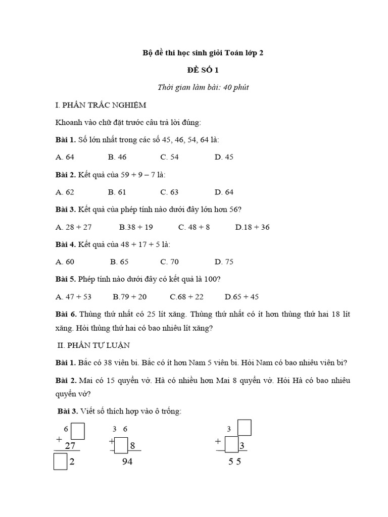 4 de Thi Hoc Sinh Gioi Toan Lop 2 Co Dap An Kem Theo | PDF