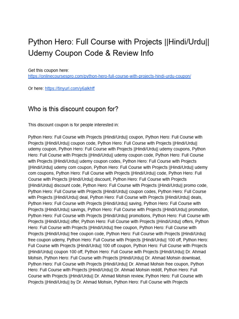 Python Hero - Full Course With Projects - Hindi-Urdu - Udemy Coupon & Review | PDF