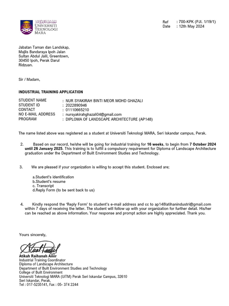 Industrial Training Application Letter | PDF