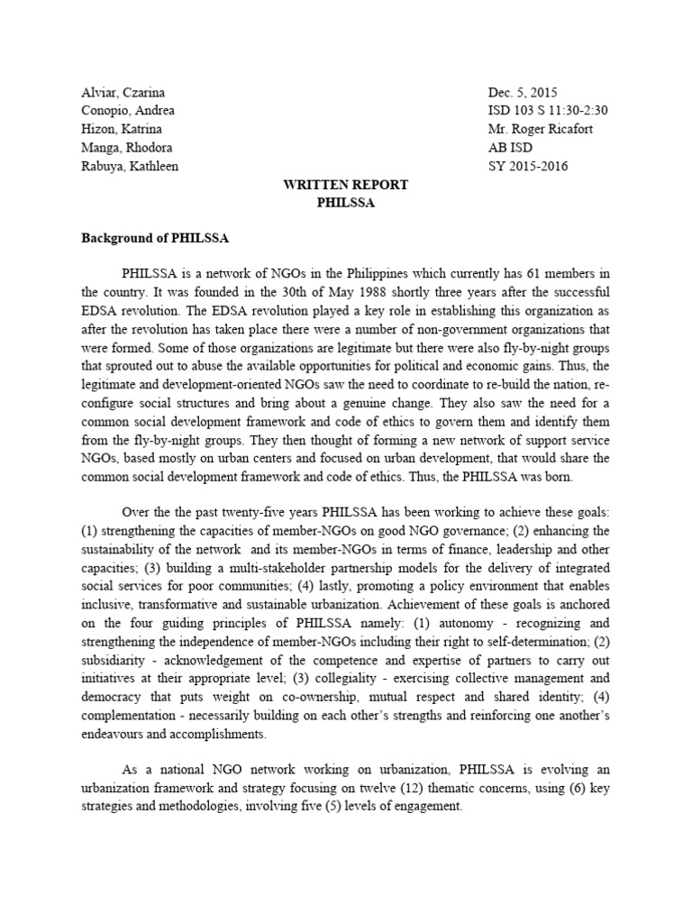 Written Report PHILSSA | PDF | Strategic Planning | Non Governmental ...