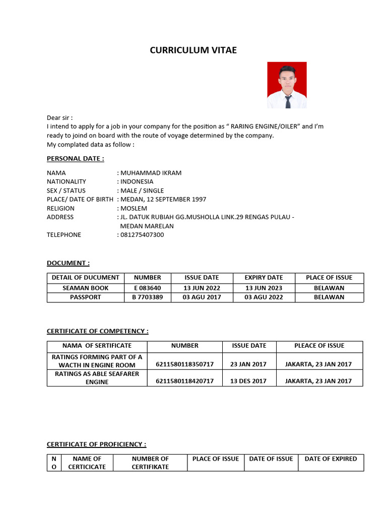 CV Oiler M.Ikram | PDF | Water Transport | Shipping