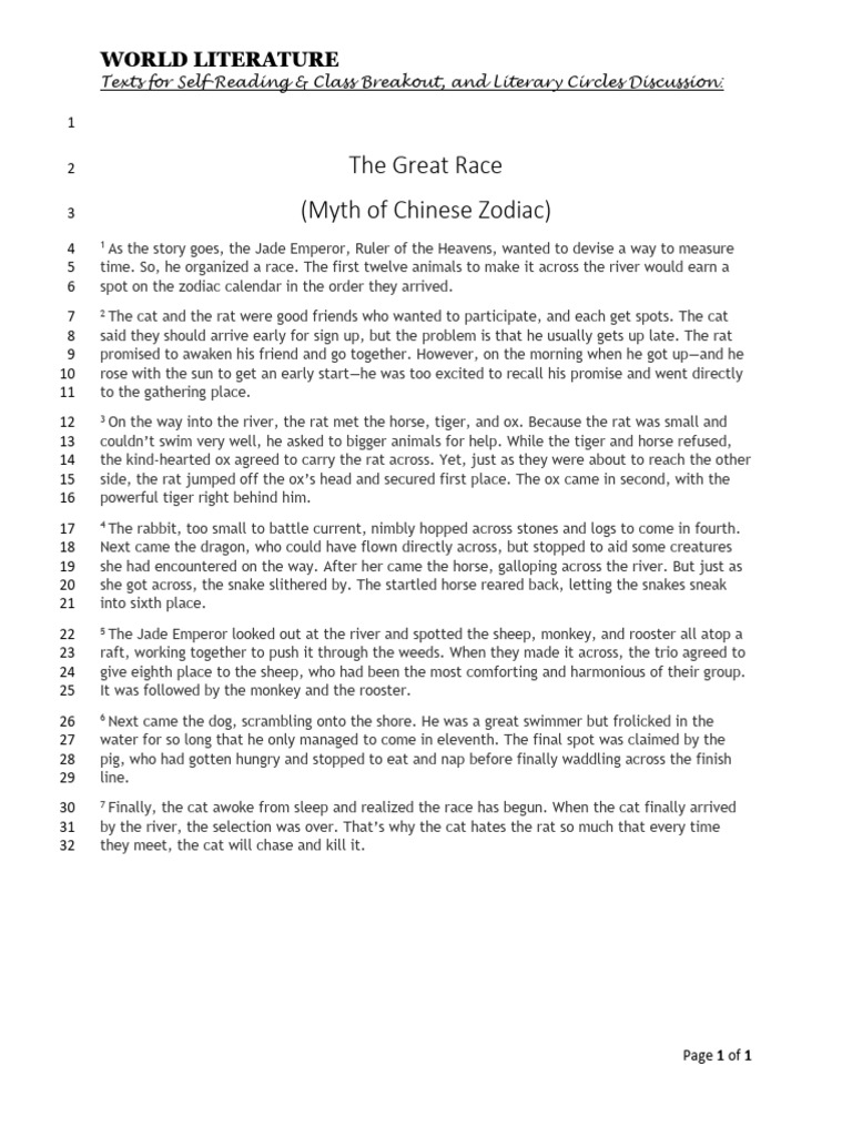 Chinese Zodiac Myth: The Great Race | PDF | Chinese Zodiac | Folklore