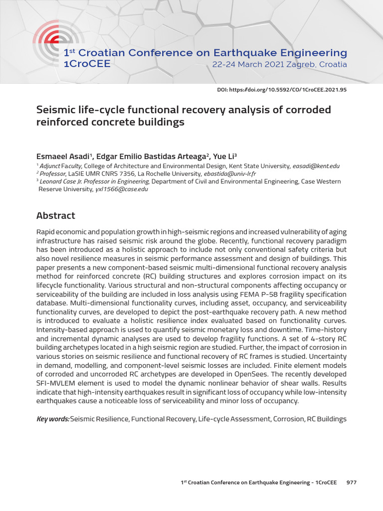 Seismic Life Cycle Functional Recovery Analysis Of Corroded Reinforced Concrete Buildings Pdf 