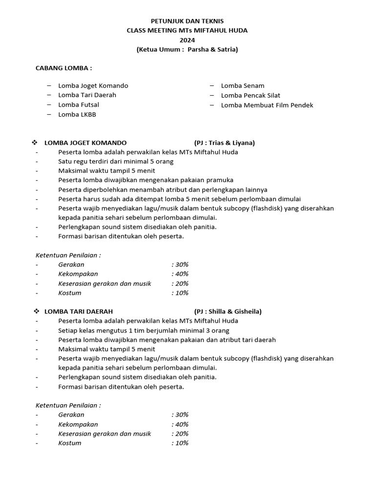 PETUNJUK DAN TEKNIS LOMBA CLASSMEETING Sem2 2024 | PDF