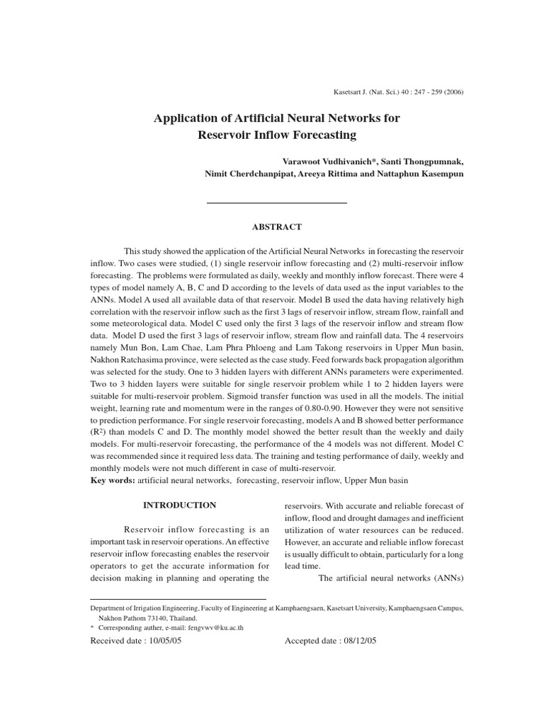 Application of Artificial Neural Networks For Reservoir Inflow Forecasting | PDF | Forecasting ...