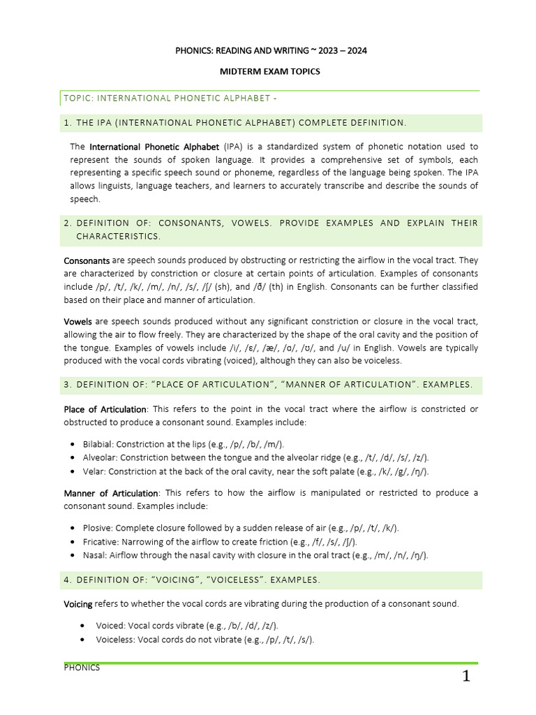 PHONICS Midterm Questions | PDF | Phonics | Vowel