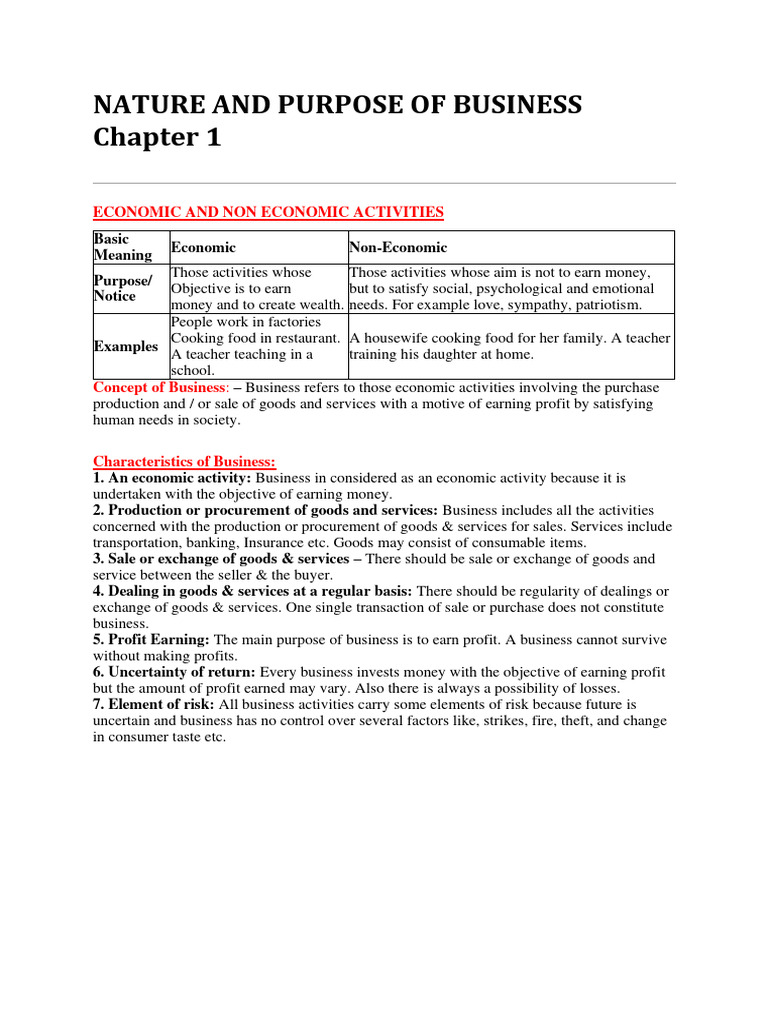 NATURE AND PURPOSE OF BUSINESS Chapter 1 - NOTES | PDF | Risk | Goods