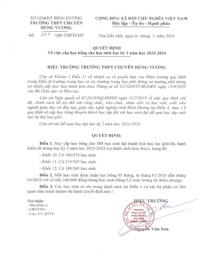 QĐ223CHV 28.5.24 Cấp học bổng cho HS HK2 NH 2023-2024_signed | PDF