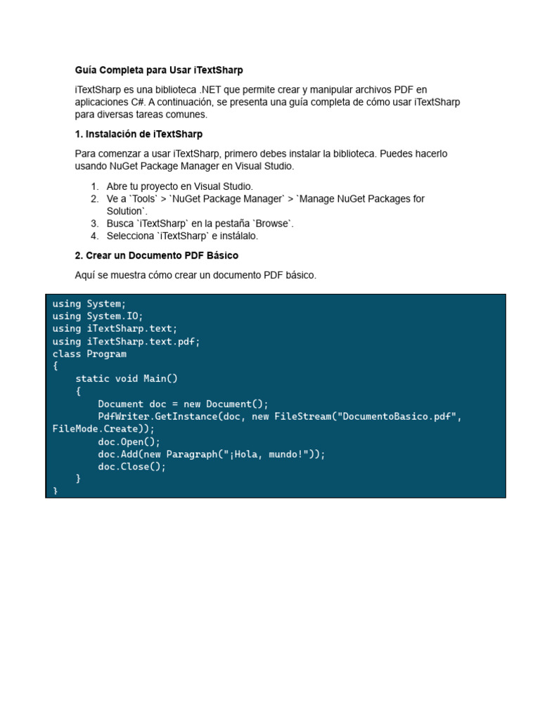 Guía Completa para Usar iTextSharp | PDF | C Sharp (lenguaje de programación) | Tecnologías de ...